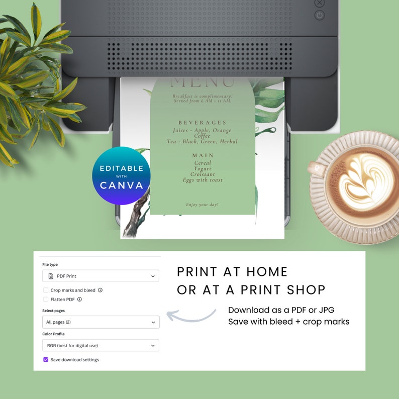 Menu Template, Complimentary Breakfast Airbnb, Food Menu Print, Green ...