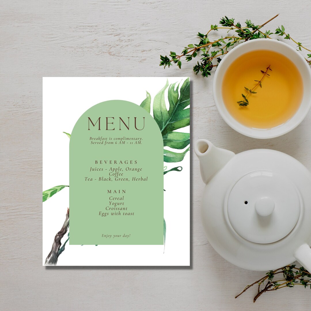 Menu Template, Complimentary Breakfast Airbnb, Food Menu Print, Green ...
