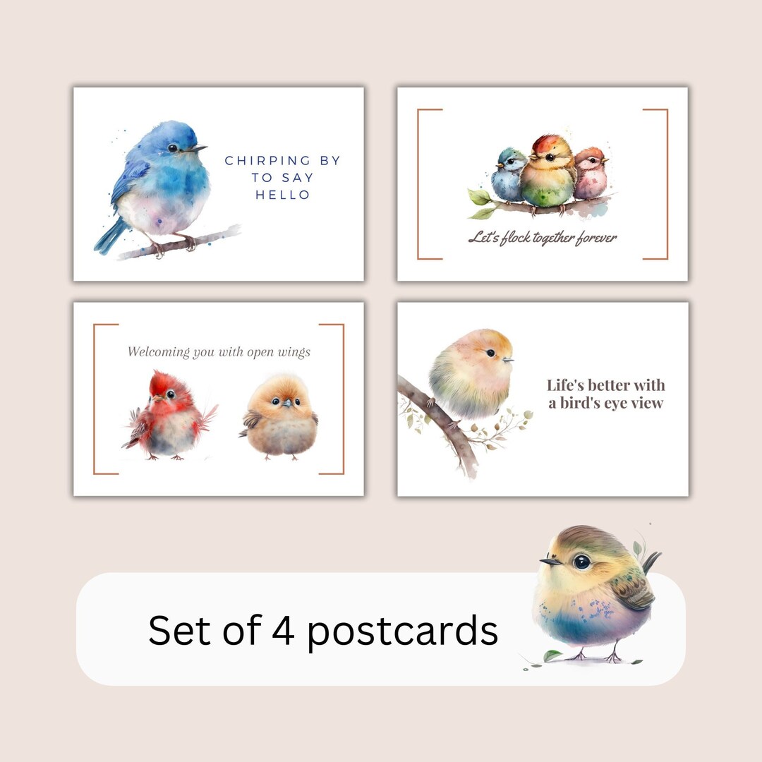 Cute Birds Lover Postcard Set, Watercolor Birds, Funny Sayings ...