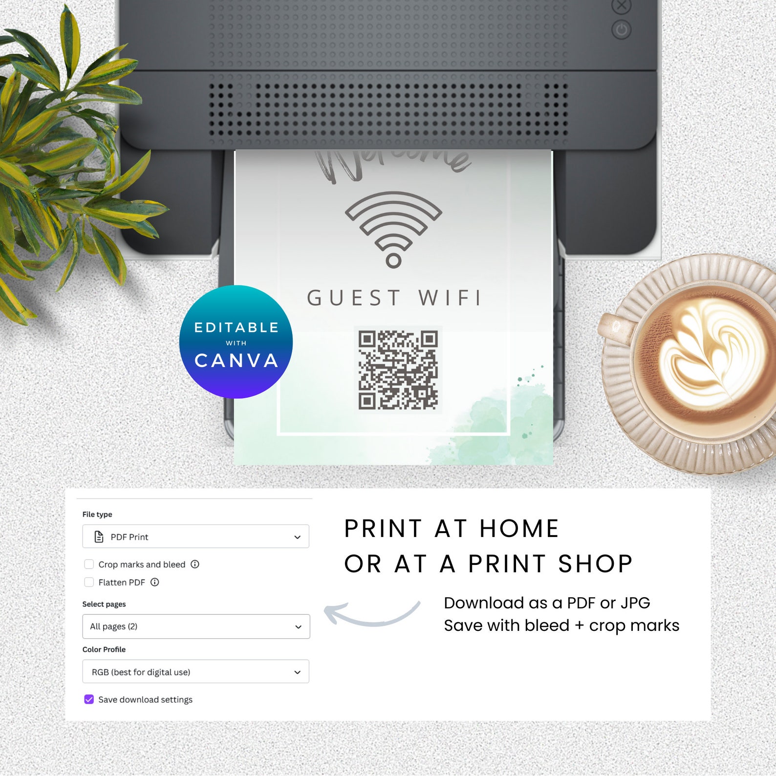 Vertical Wifi QR Code Sign, Watercolour Green, Password Poster ...