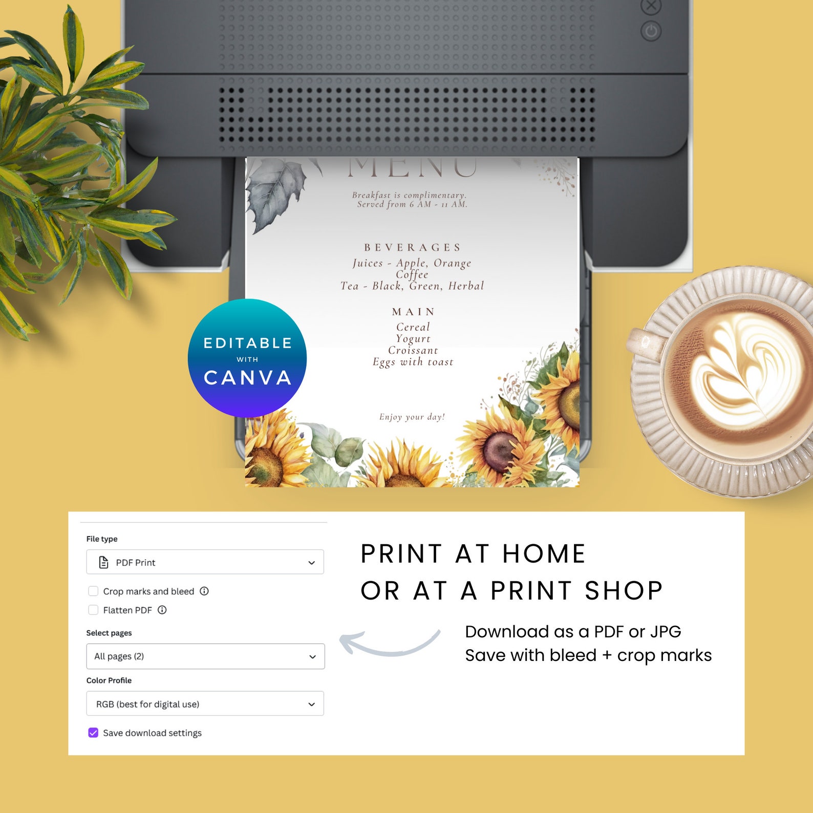 Cute Sunflower Menu, Complimentary Breakfast Airbnb Menu Print, Menu ...