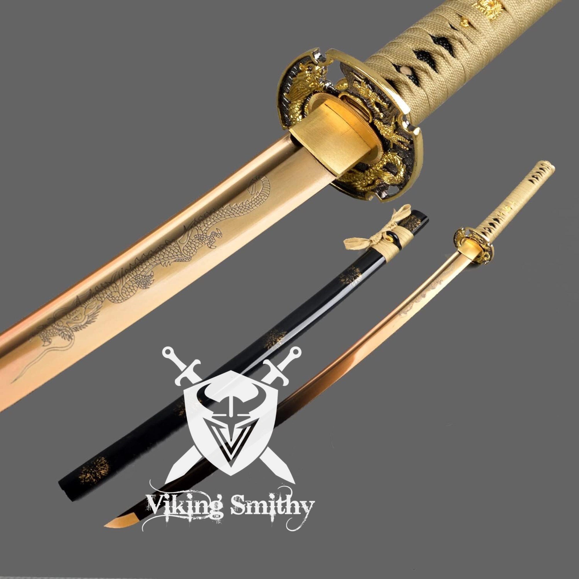 Dragon-emblazoned Golden Katana Sword: Traditional Japanese Samurai ...