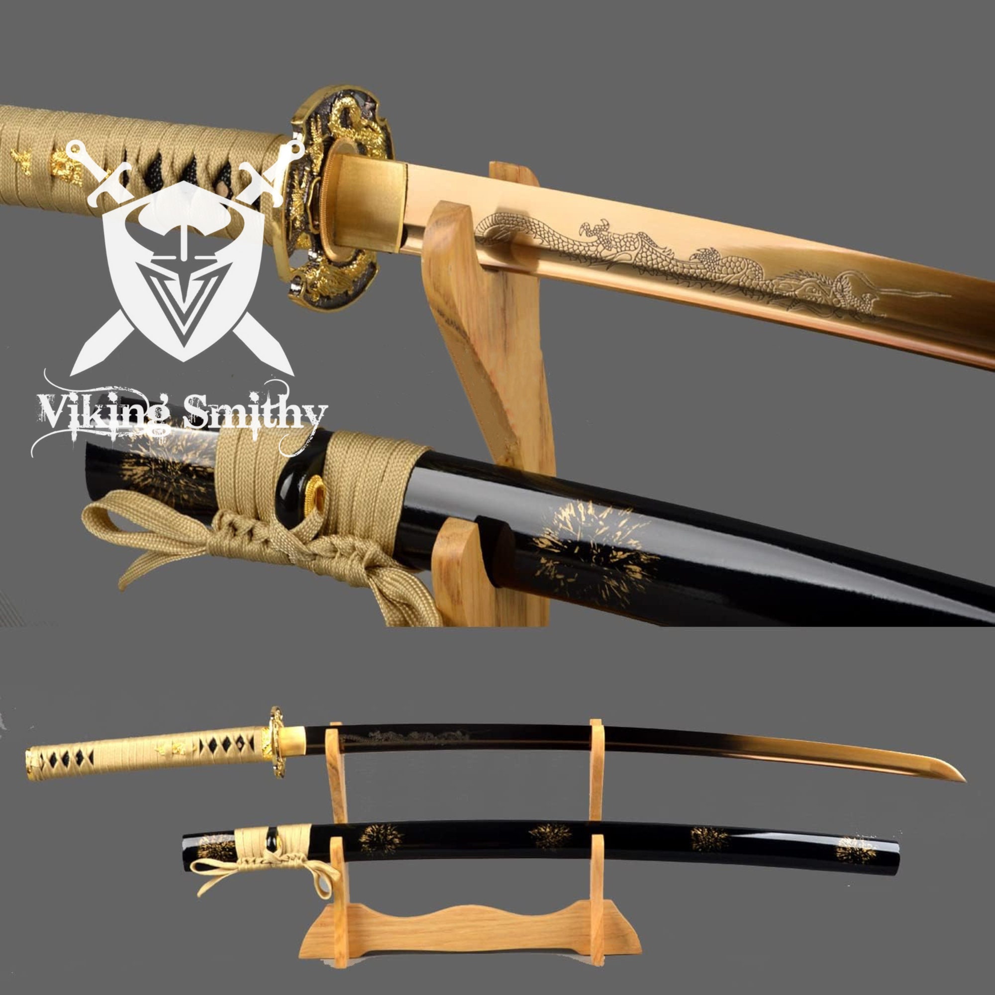 Dragon-emblazoned Golden Katana Sword: Traditional Japanese Samurai ...