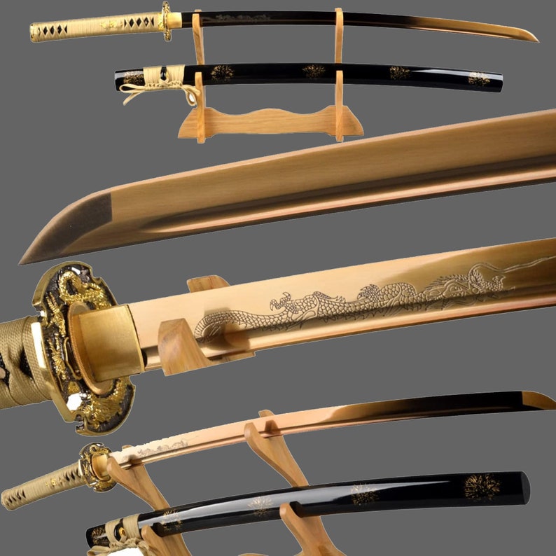 Dragon-emblazoned Golden Katana Sword: Traditional Japanese Samurai ...