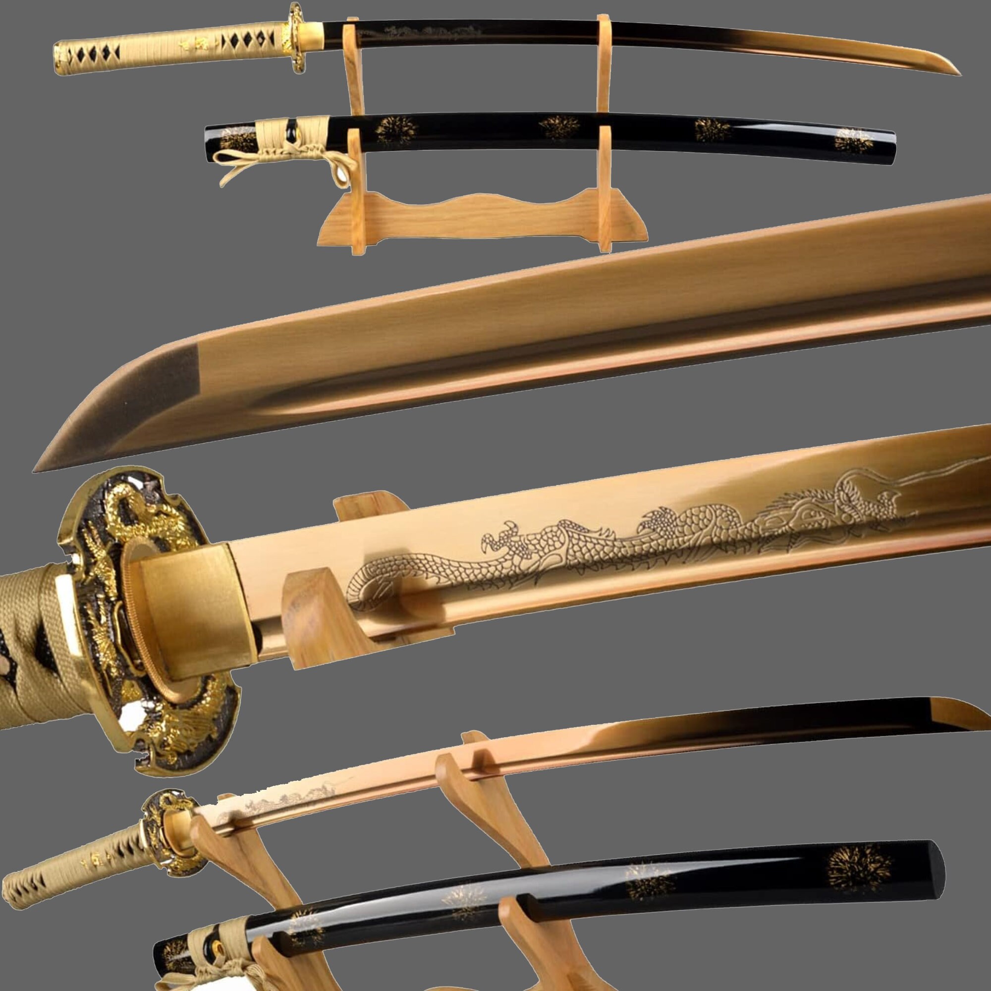 Dragon-emblazoned Golden Katana Sword: Traditional Japanese Samurai ...