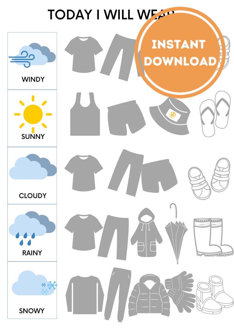 Weather Chart for Kids, Educational Weather What to Wear for Toddler ...