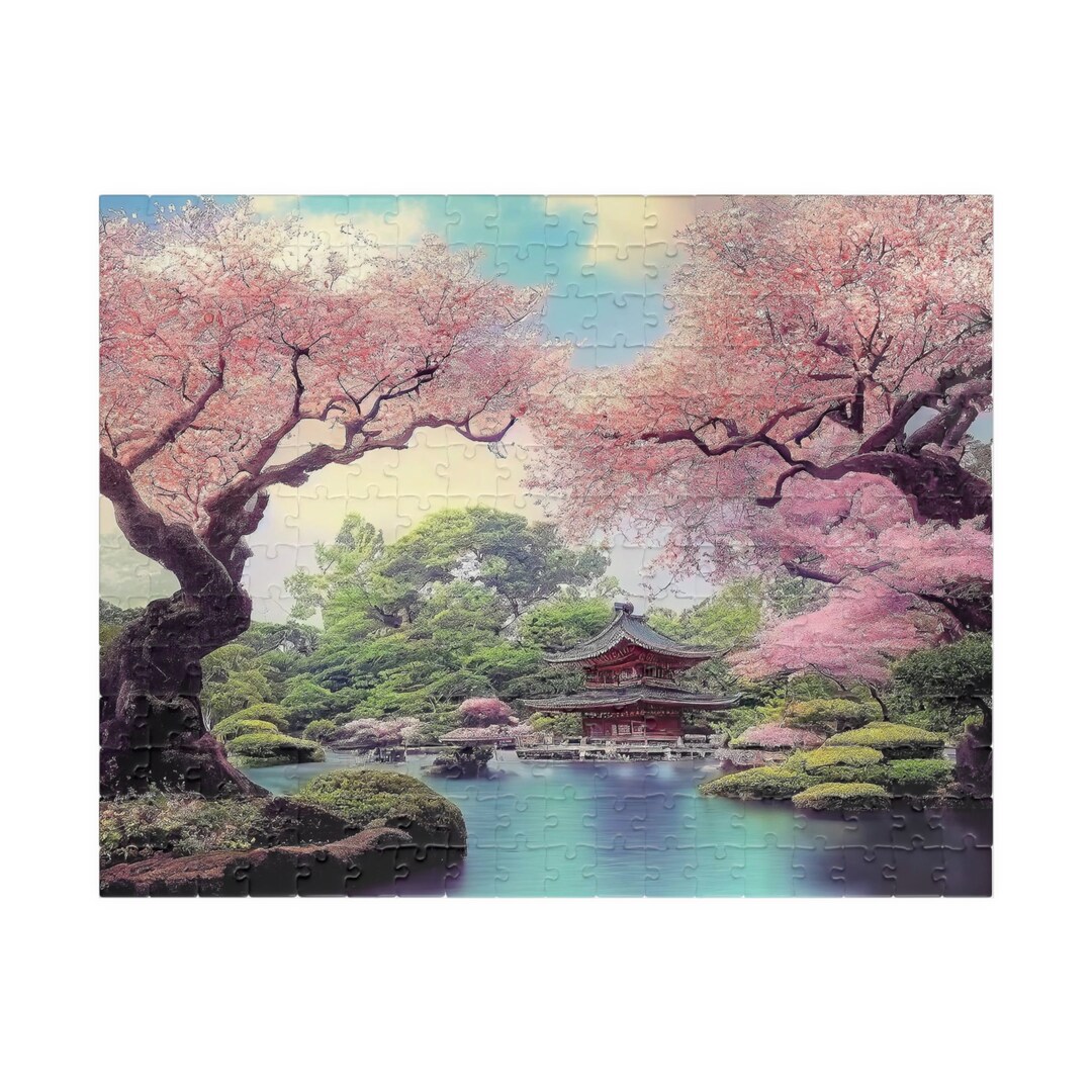 Japanese Riverside Jigsaw Puzzle - Sakura Trees Landscape Puzzles ...