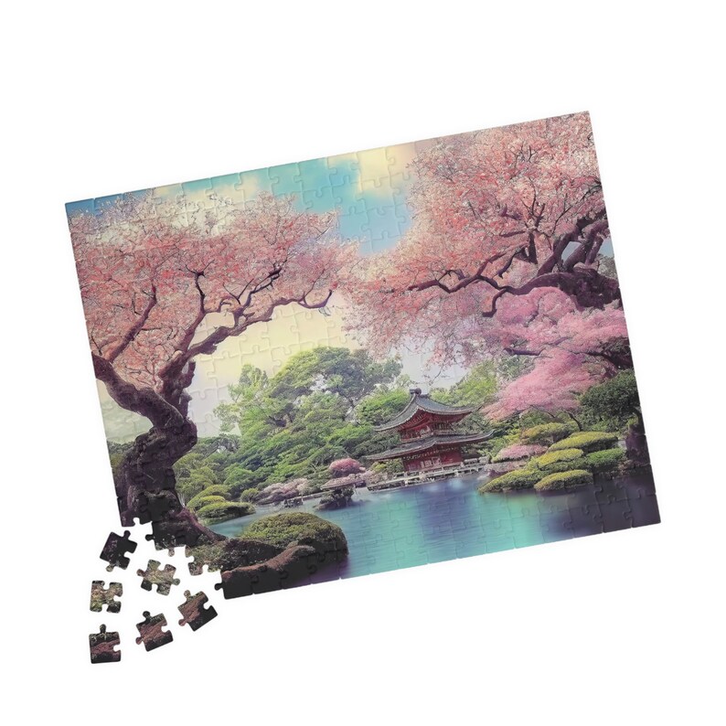Japanese Riverside Jigsaw Puzzle - Sakura Trees Landscape Puzzles ...