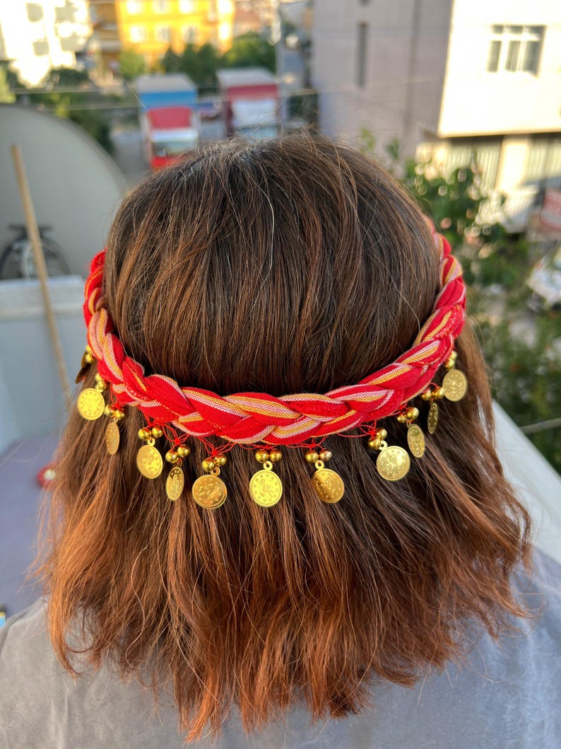 Coin-decorated Evil Eye Hair Band, Braided Hair Accessory, Handmade ...