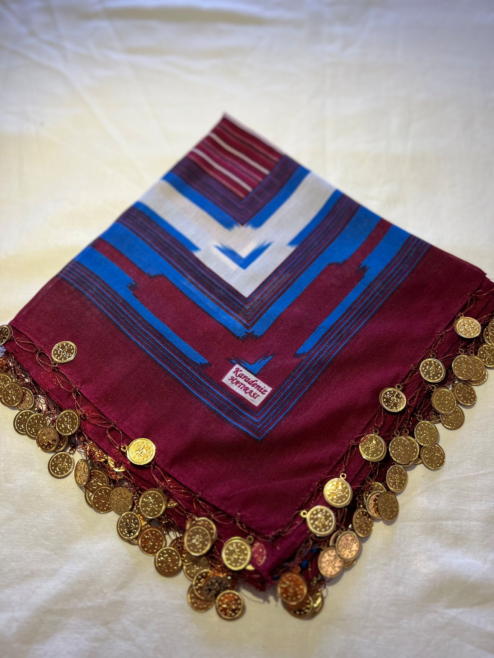 Turkish Coin Scarf: Burgundy & Blue Bohemian Head Wrap - Etsy