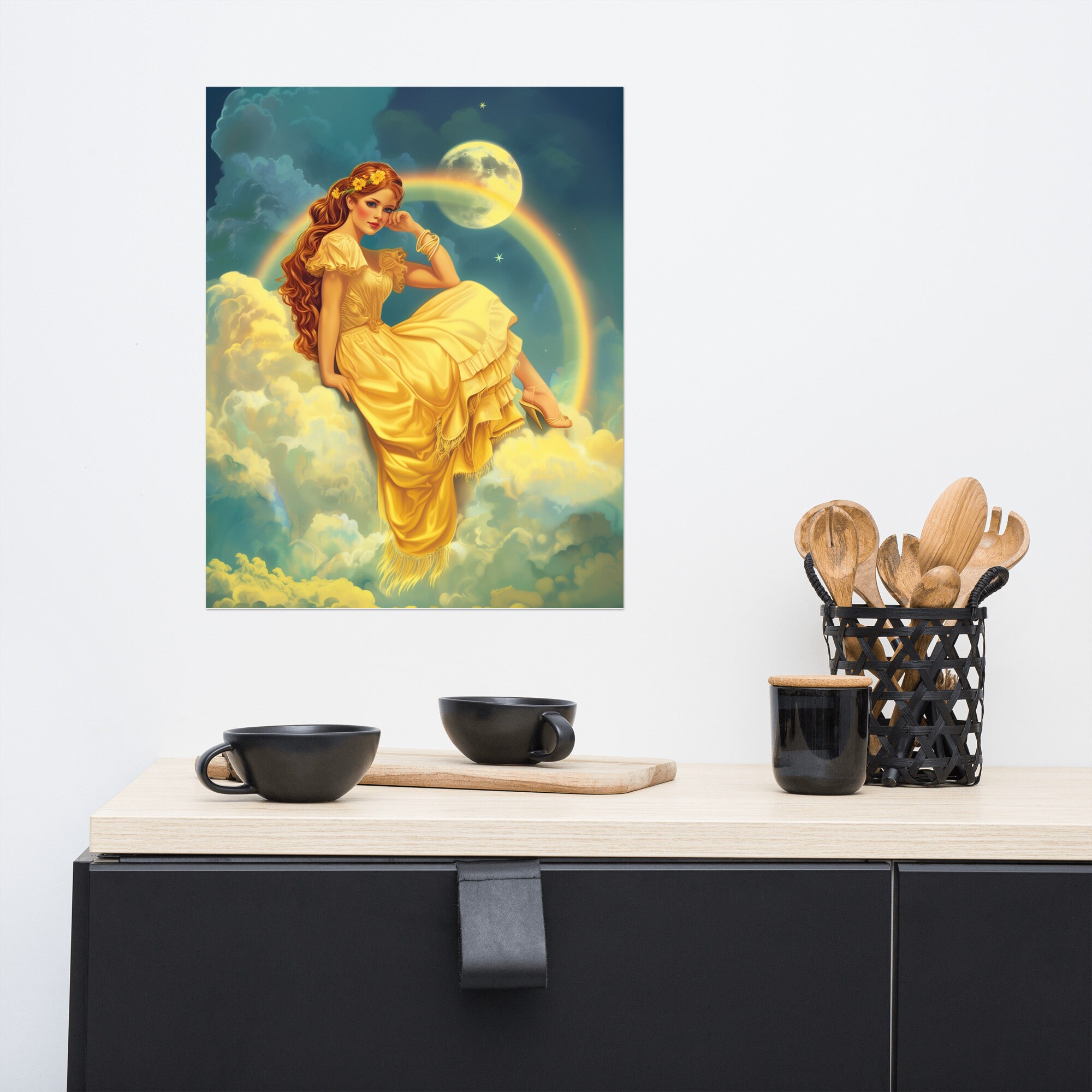 Ethereal Rainbow Lady in the Clouds Poster Golden Hour Dreamscape, Moon ...