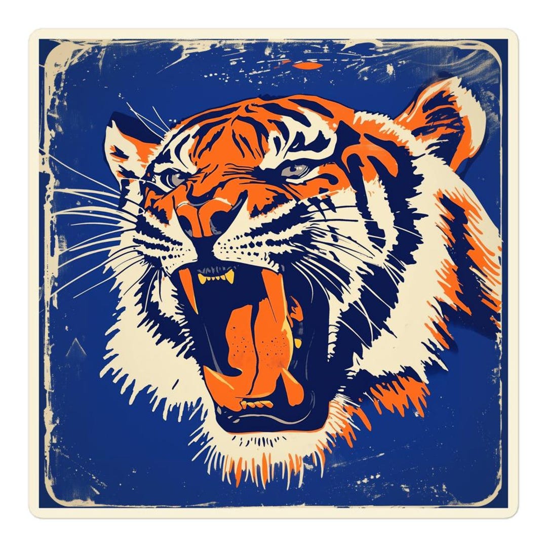 Vintage Roaring Tiger Vinyl Sticker – Blue and Orange Retro Design for ...