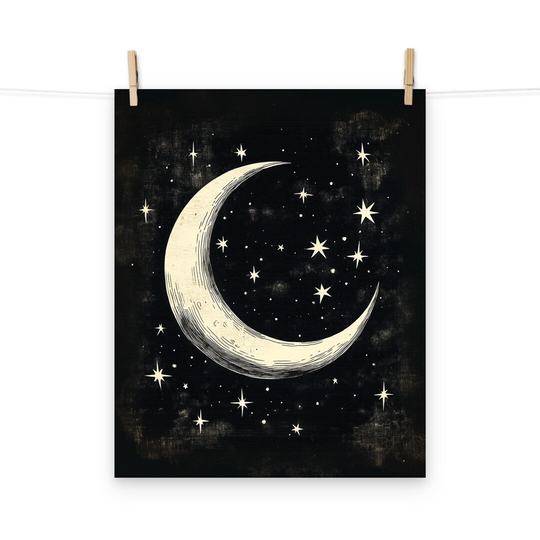 Vintage Crescent Moon & Stars Poster – Celestial Night Sky Print for ...