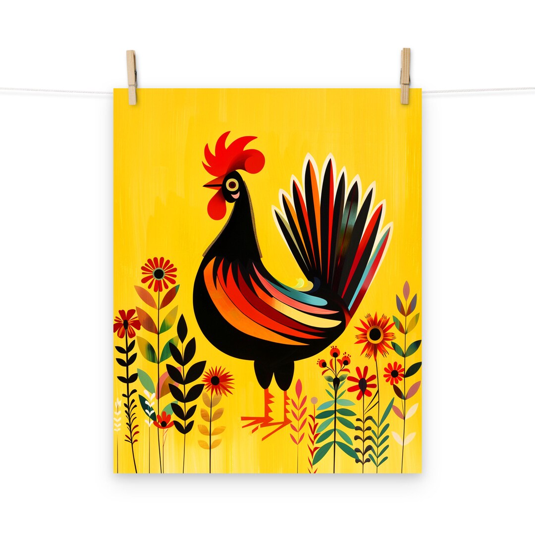 Colorful Rooster With Flowers Poster - Midcentury Modern Wall Art for ...