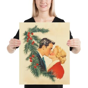 Vintage Christmas Couple Kiss Poster – Retro Holiday Love Wall Art for ...