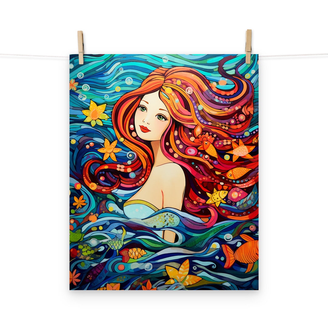 Colorful Mermaid Nautical Ocean Poster - Enchanting Underwater Print ...