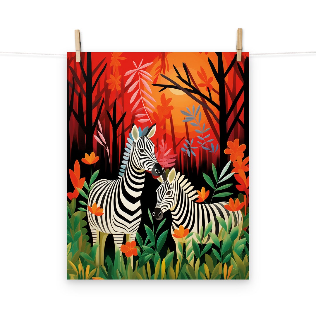 Colorful Zebras in the Jungle Poster - Midcentury Inspired Wall Art for ...