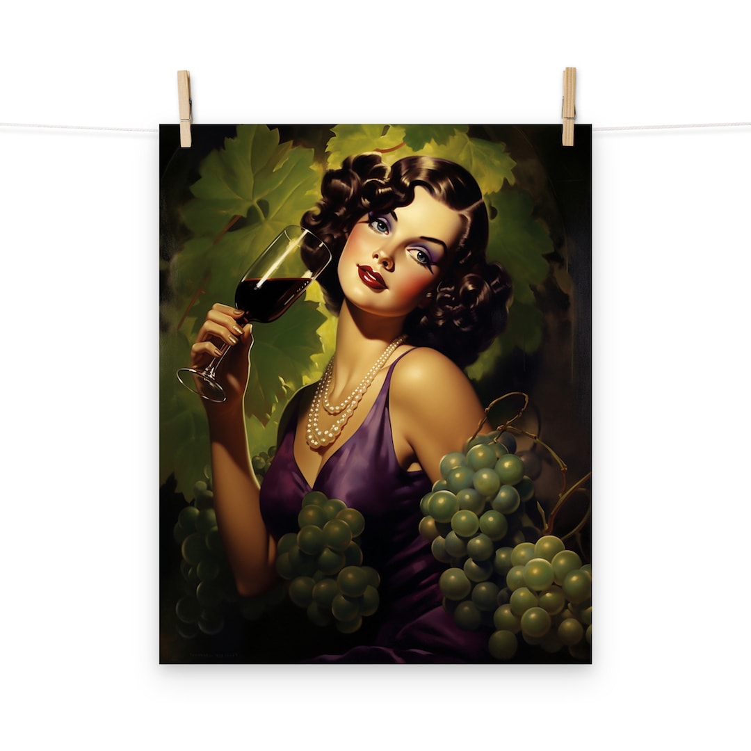 Vintage Wine and Grapes Pinup Girl Poster - Etsy