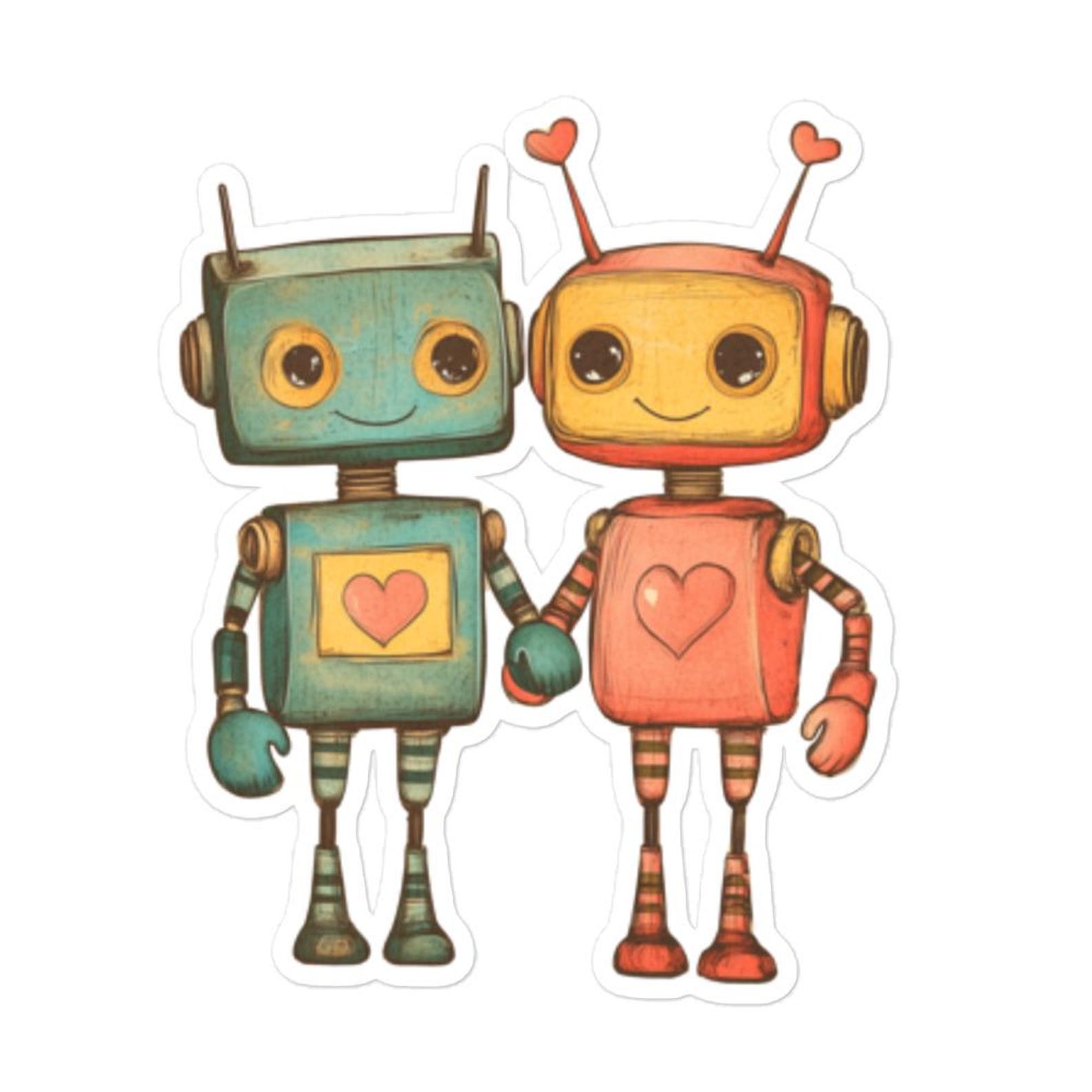 Cute Robots in Love Sticker – Whimsical Robot Couple Decal for Laptops ...