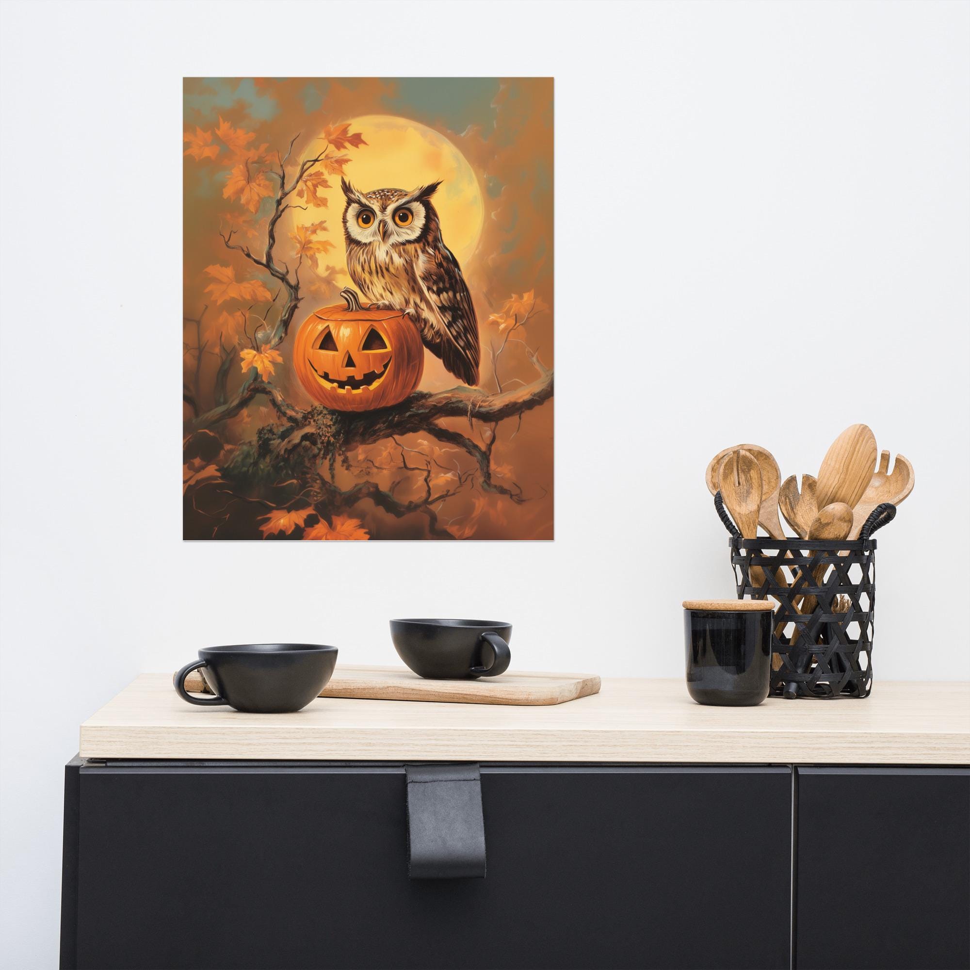 Vintage Halloween Owl, Moon and Jack-o'-lantern Poster – Retro Spooky ...