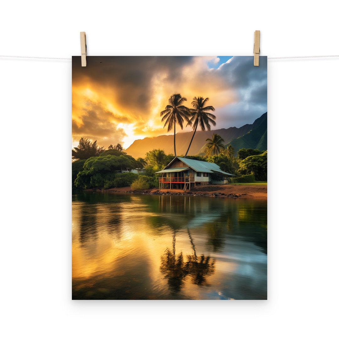 Tropical Island Paradise Sunset Poster - Hawaii Inspired Wall Art for ...