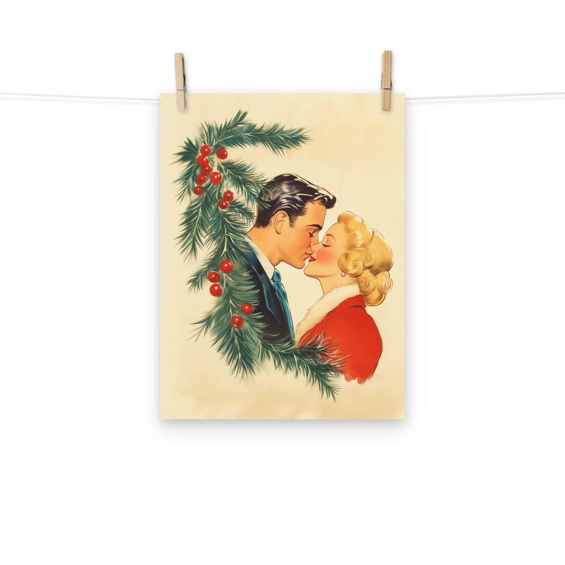 Vintage Christmas Couple Kiss Poster – Retro Holiday Love Wall Art for ...