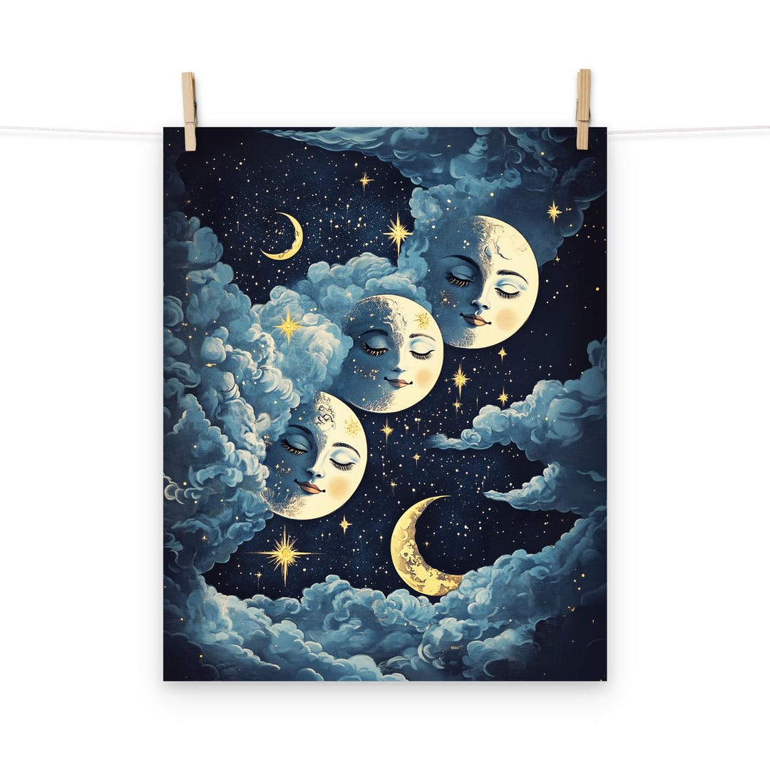 Blue Moon Faces Poster – Celestial Wall Art With Stars, Clouds ...