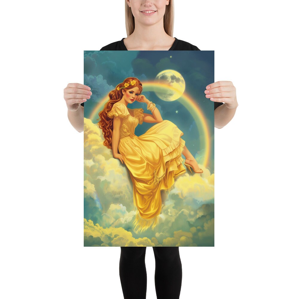 Ethereal Rainbow Lady in the Clouds Poster Golden Hour Dreamscape, Moon ...