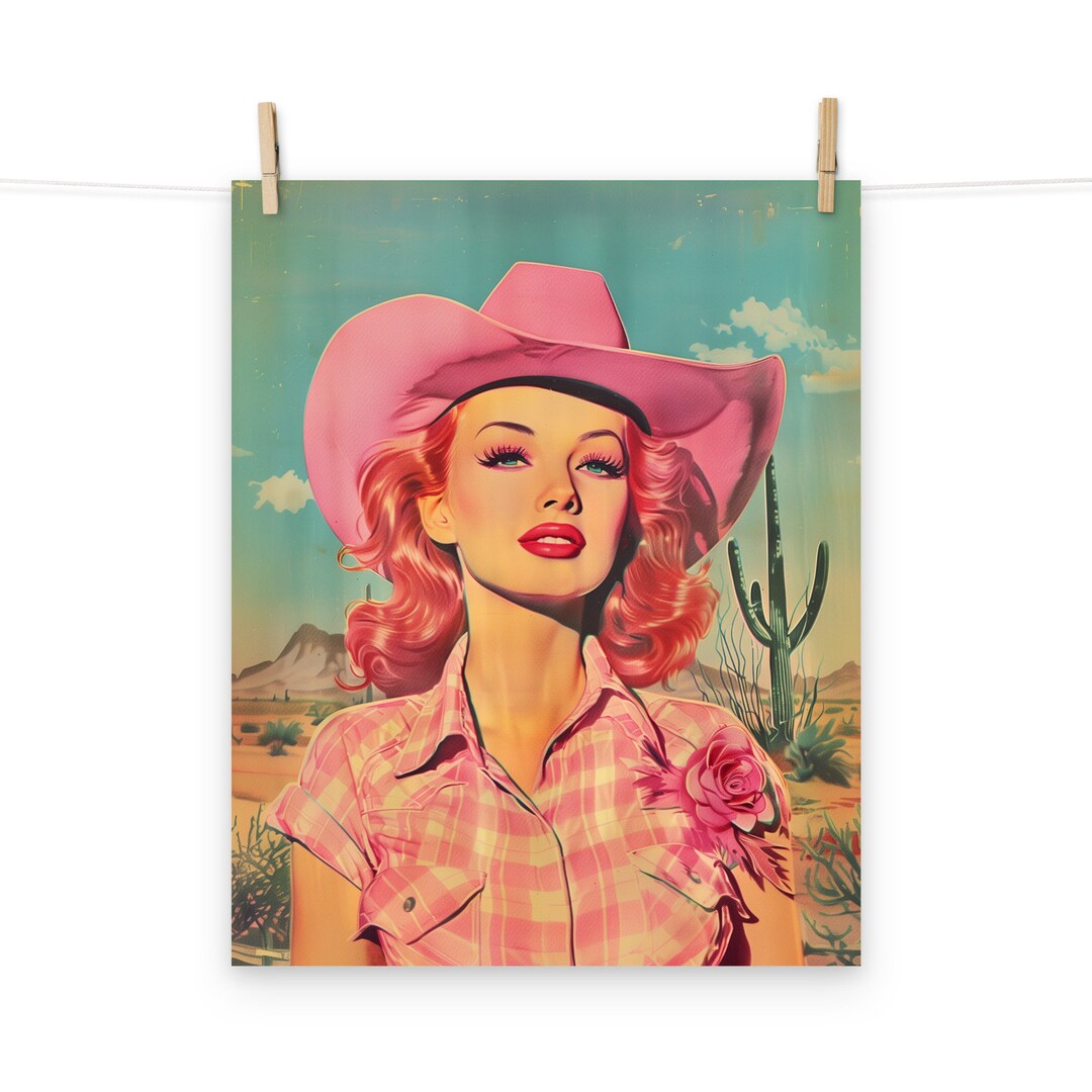 Pink Cowgirl Retro Pinup Poster - Desert Western Cactus Art Print for ...