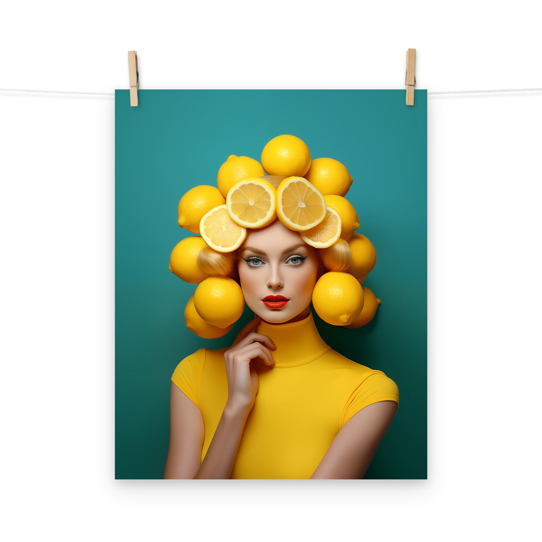 Lemon Lady Portrait Poster - Unique Yellow and Turquoise Wall Art Print ...