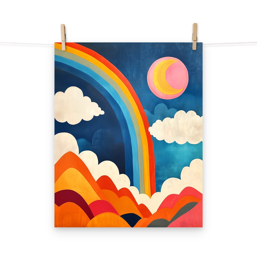 Whimsical Rainbow, Sun and Moon Art Dreamscape Poster - Midcentury ...