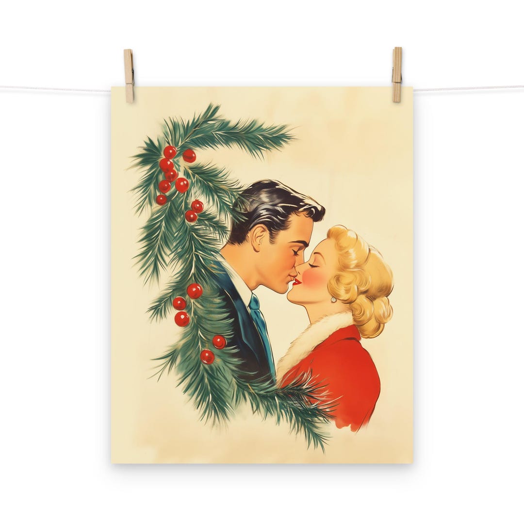 Vintage Christmas Couple Kiss Poster – Retro Holiday Love Wall Art for ...