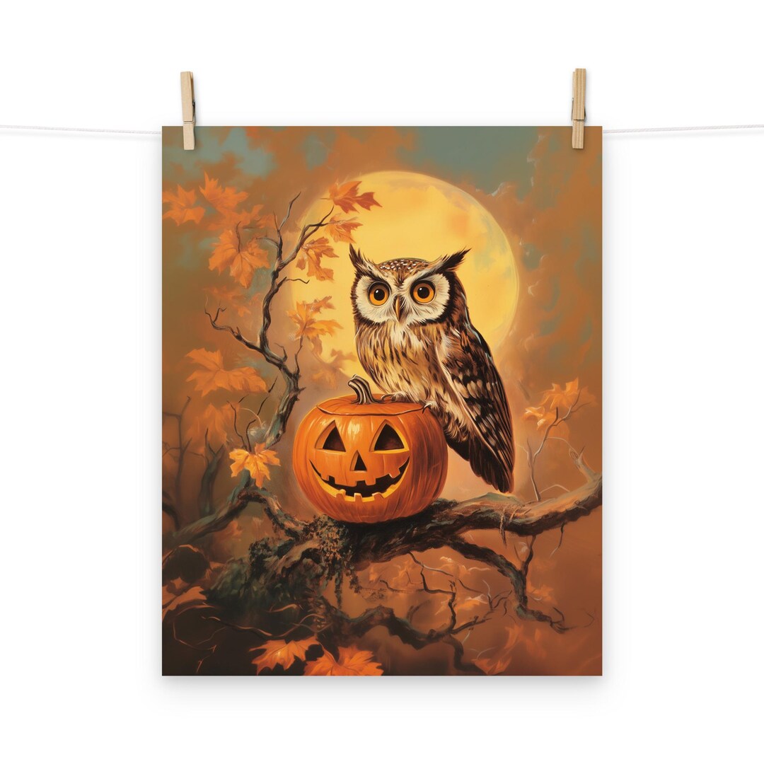 Vintage Halloween Owl, Moon and Jack-o'-lantern Poster – Retro Spooky ...