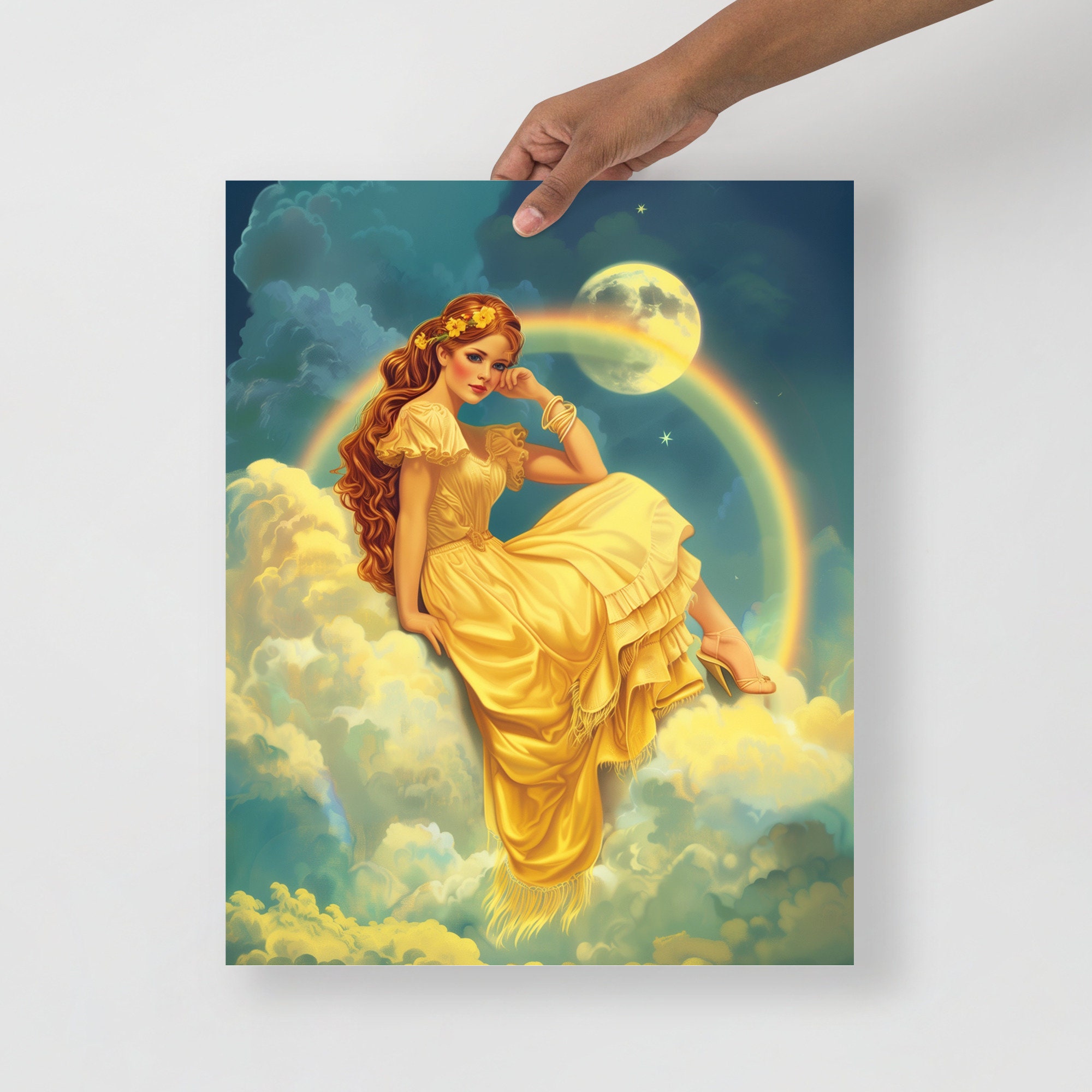 Ethereal Rainbow Lady in the Clouds Poster Golden Hour Dreamscape, Moon ...