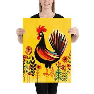 Colorful Rooster With Flowers Poster - Midcentury Modern Wall Art for ...
