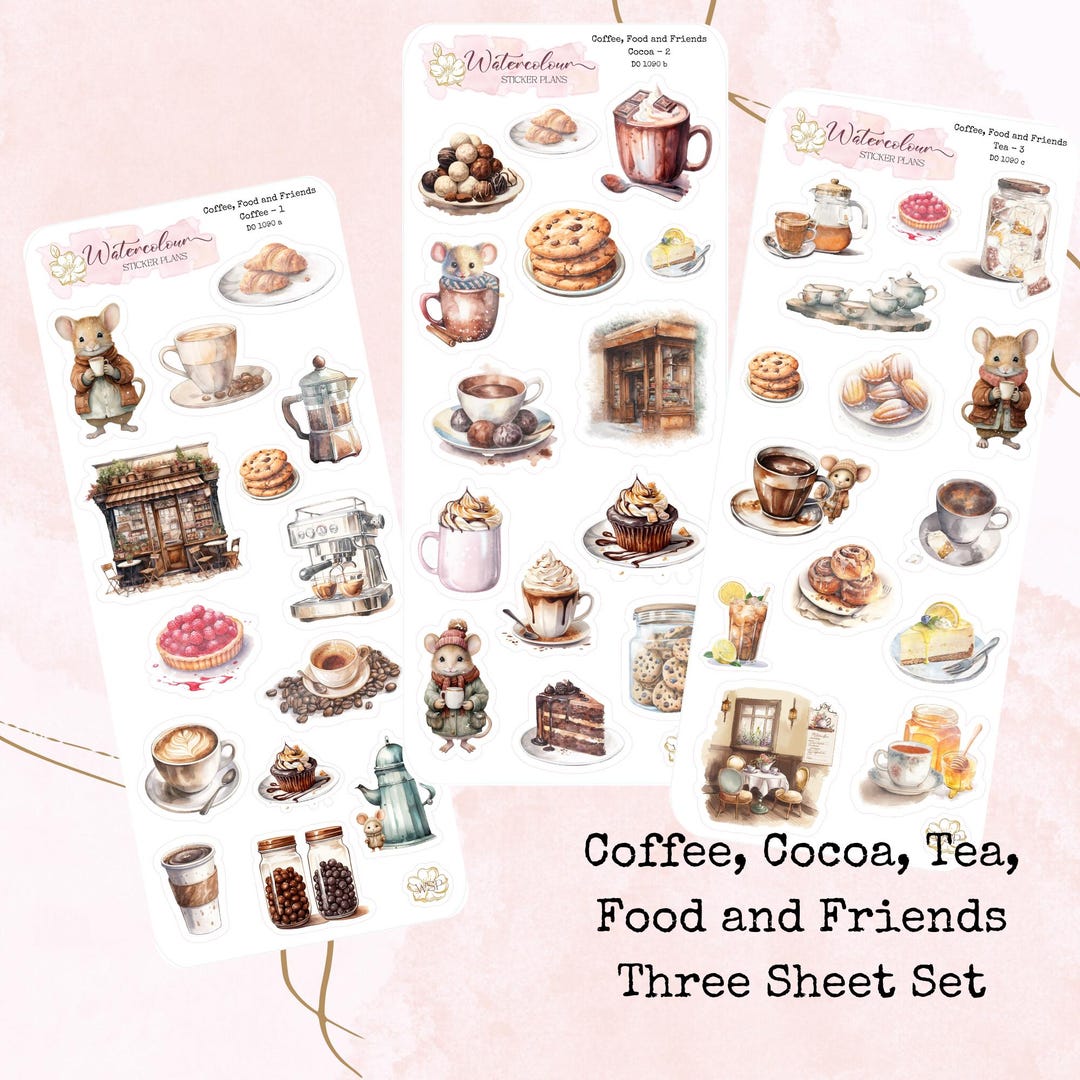 Coffee, Cocoa, Tea, Food and Friends * Watercolour Deco Stickers ...