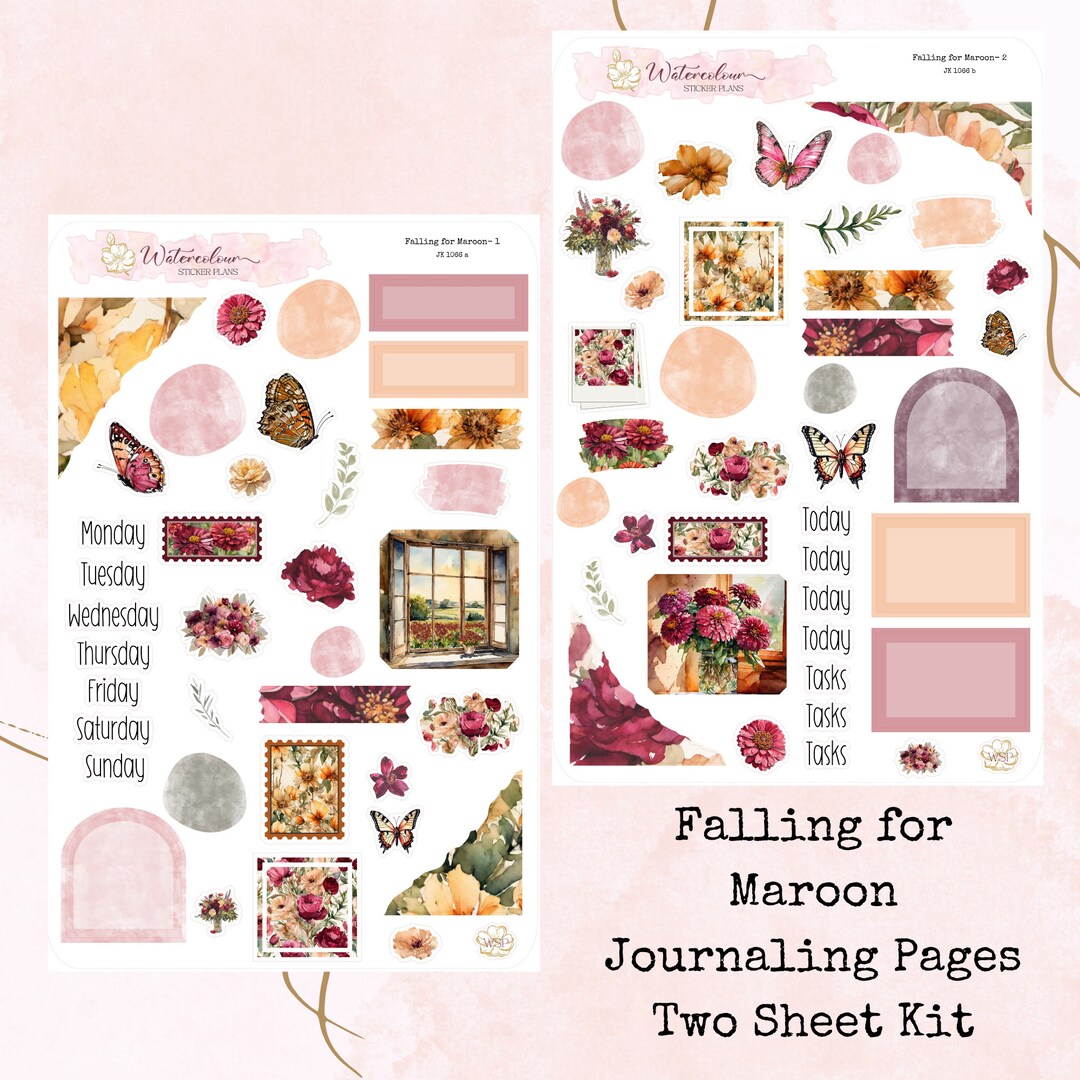 Falling for Maroon Watercolour Journaling Sticker Kit Planner Stickers ...