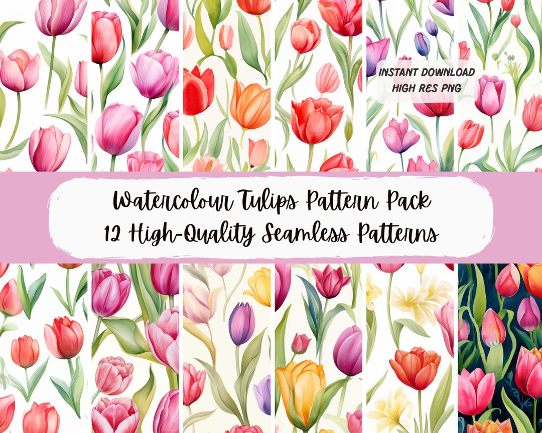 12 Watercolor Tulip Floral Seamless Patterns Premium Quality Commercial ...