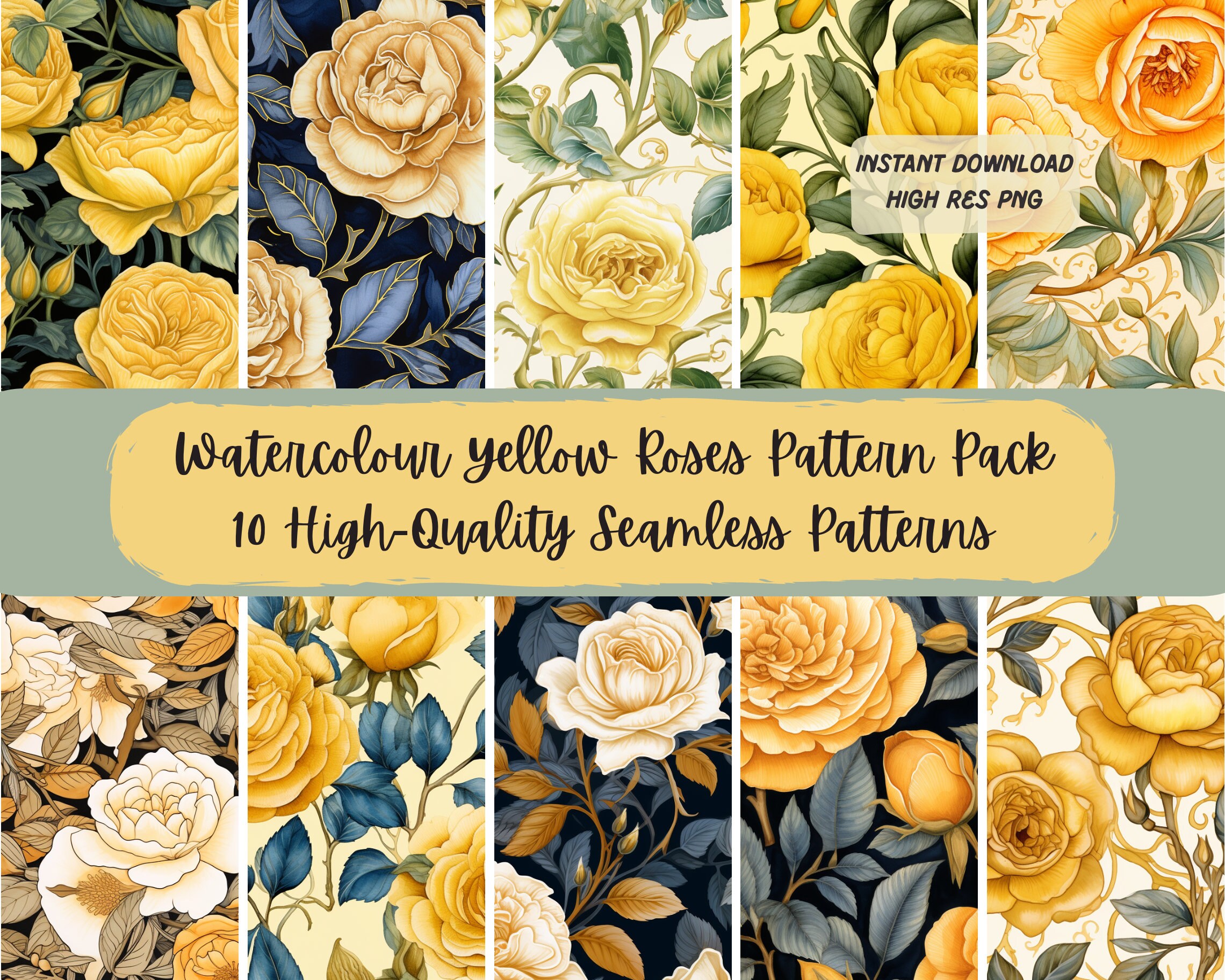 10 Watercolor Yellow Roses Seamless Patterns Premium Quality Commercial ...