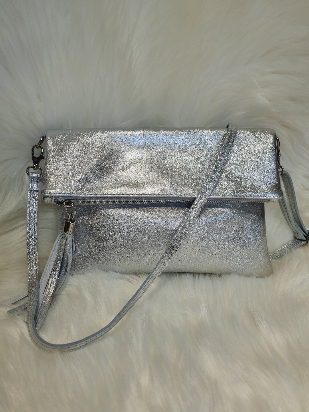 Metallic Silver Leather Clutch: Foldover Evening Bag With Strap - Etsy