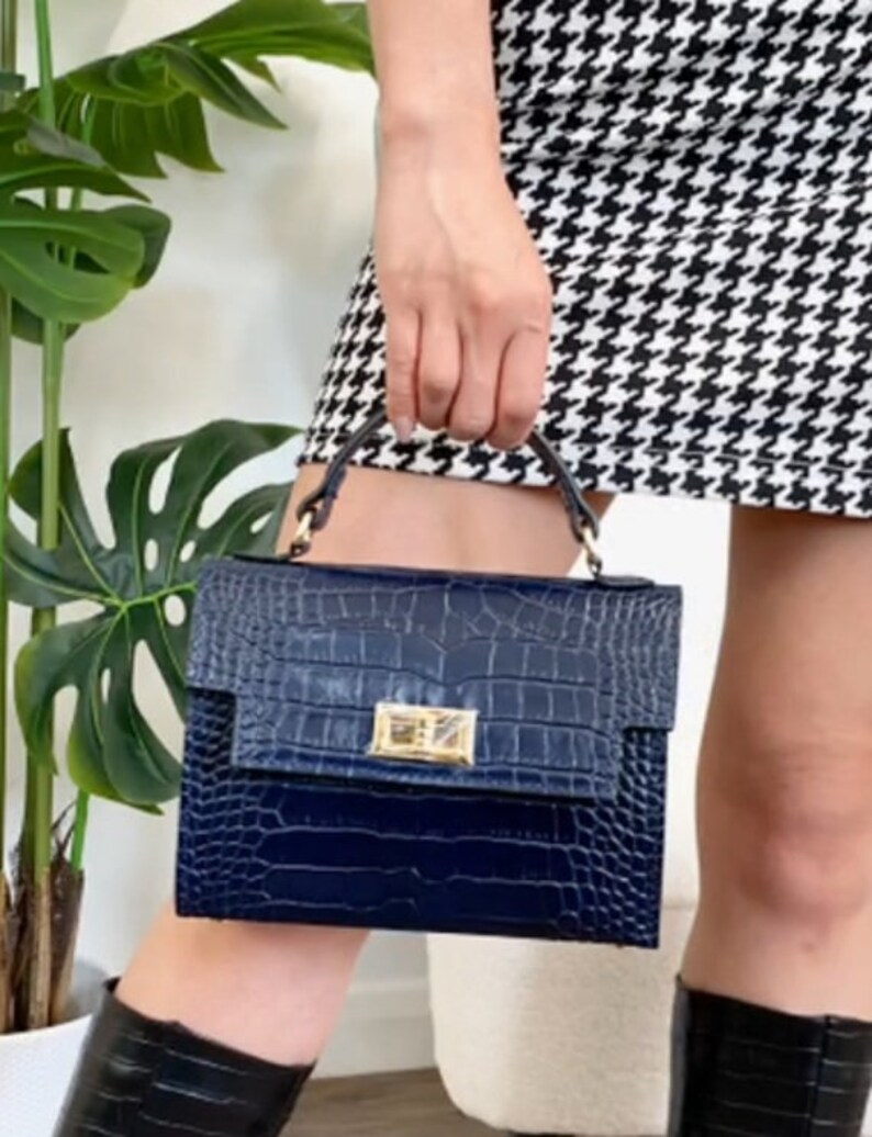 Real Leather Navy Crossbody Bag Navy Shoulder Bag Navy Designer Style Bag Navy Grab Handle Bag ...