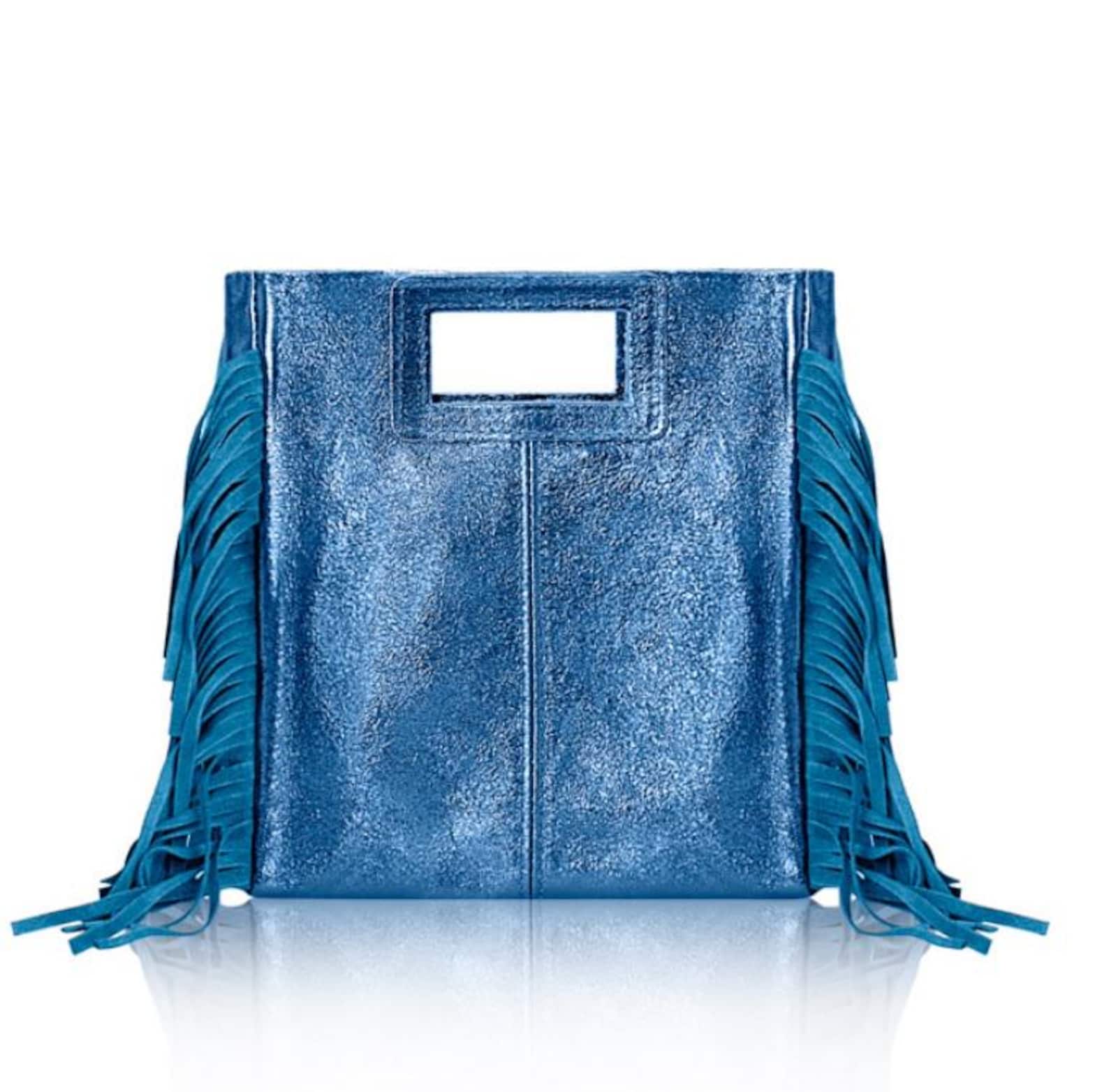Metallic Real Leather Blue Fringe Bag, Blue Clutch Bag, Blue Crossbody ...
