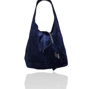 Navy Blue Suede Leather Slouch Bag: Hobo Tote Handbag - Etsy