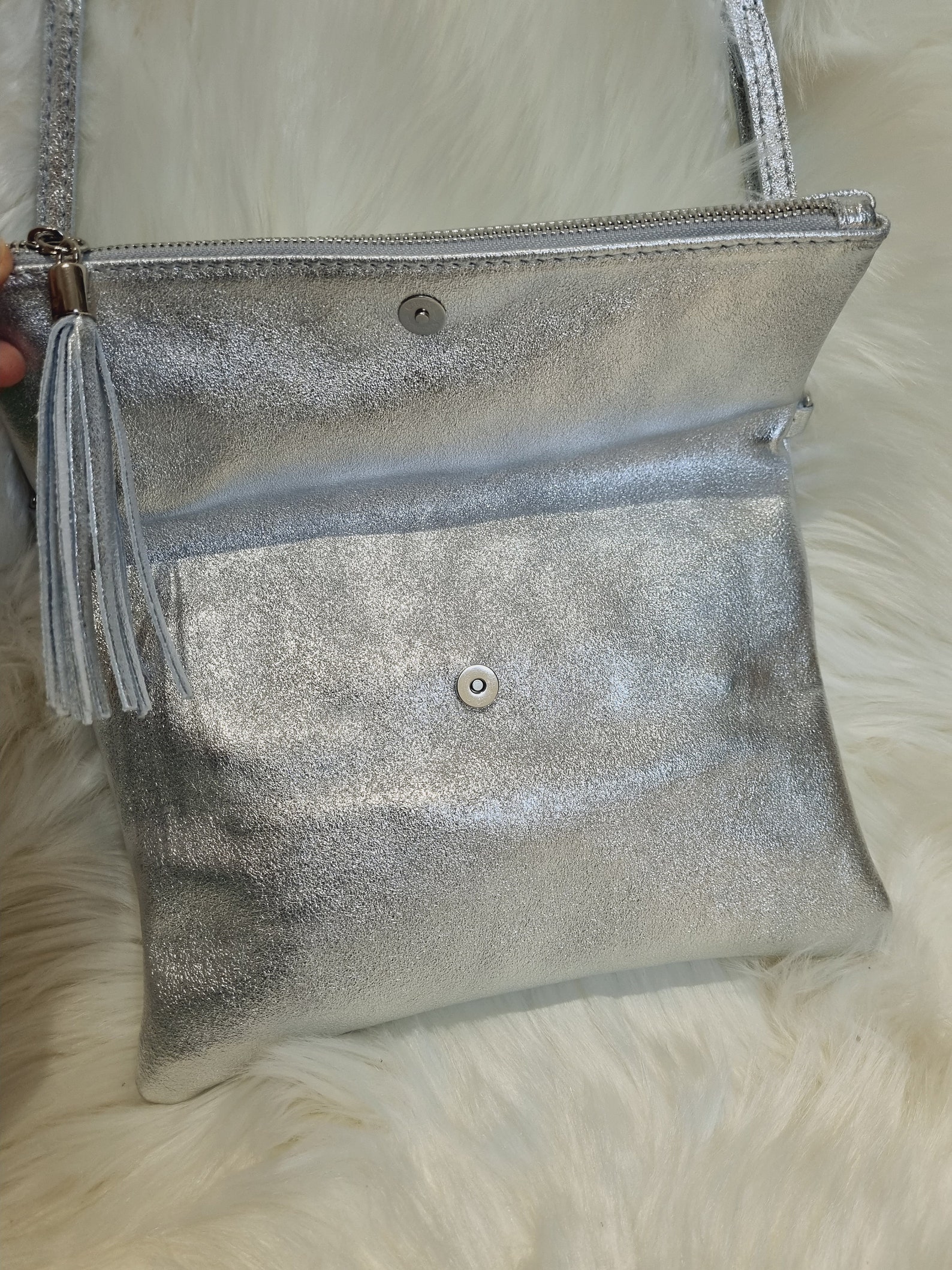 Metallic Silver Leather Clutch: Foldover Evening Bag With Strap - Etsy