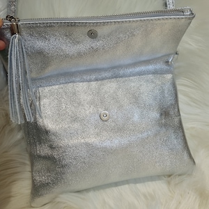 Metallic Silver Leather Clutch: Foldover Evening Bag With Strap - Etsy