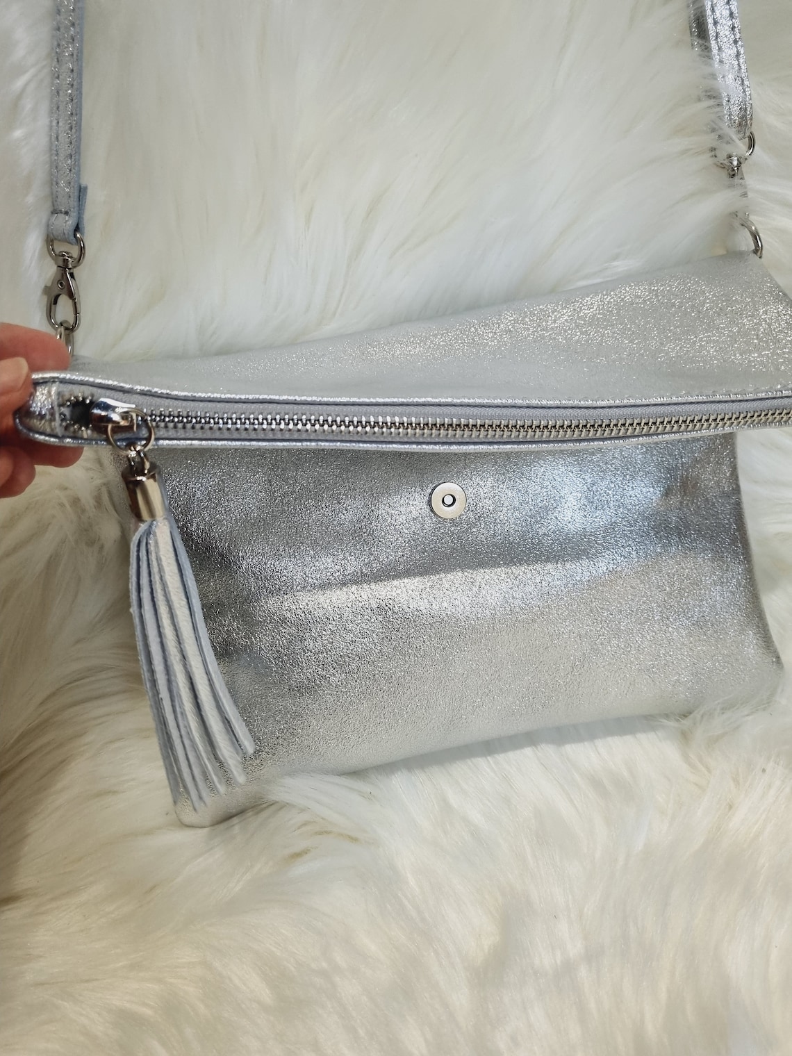 Metallic Silver Leather Clutch Bag Silver Evening Bag Silver Party Bag ...