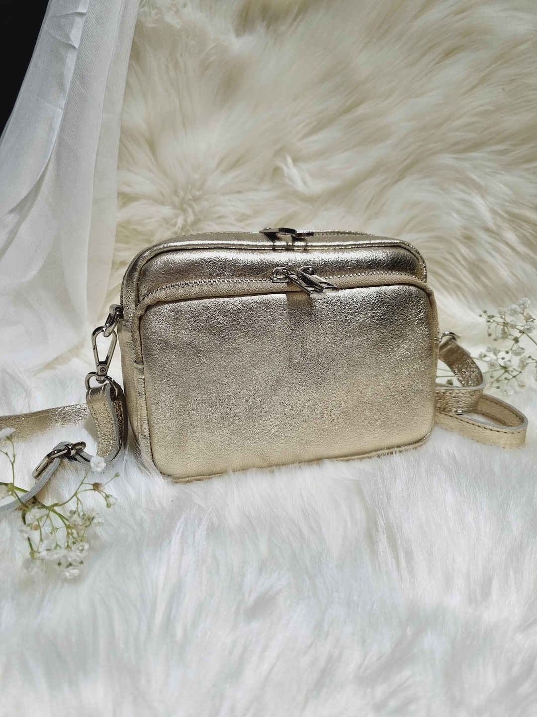 Gold Leather Bag Crossbody Bag Gold Shoulder Bag With Long Detachable ...