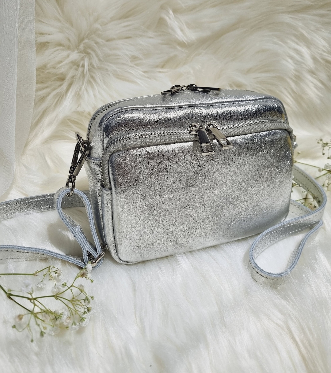 Silver Leather Bag Crossbody Bag Silver Shoulder Bag Party Bag With ...