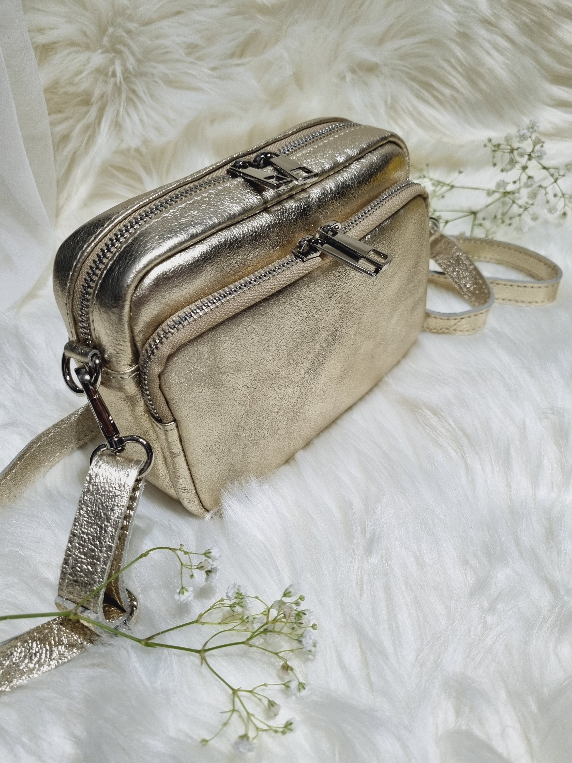 Gold Leather Crossbody Bag: Silver Hardware, Adjustable Strap - Etsy