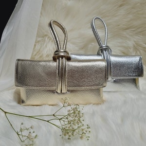 Metallic Leather Loop Lock Clutch Bag: Silver Evening Bag With Strap - Etsy